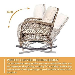 W WARMHOL Outdoor Wicker Rocking Chair with Thickened Cushions, All-Weather Rattan Patio Rocking Chairs, Rocker Wicker Chair for Porch Garden & Backyard, Beige
