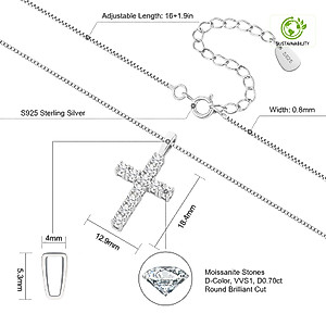 KRKC&CO Moissanite Diamond Cross Pendant For Women, S925 Sterling Silver, D Color, 0.66Carat, with 0.8mm 16+2" Rope Chain, Brilliant Excellent Cut Iced Out, 14K Gold, For Her, Girlfriend