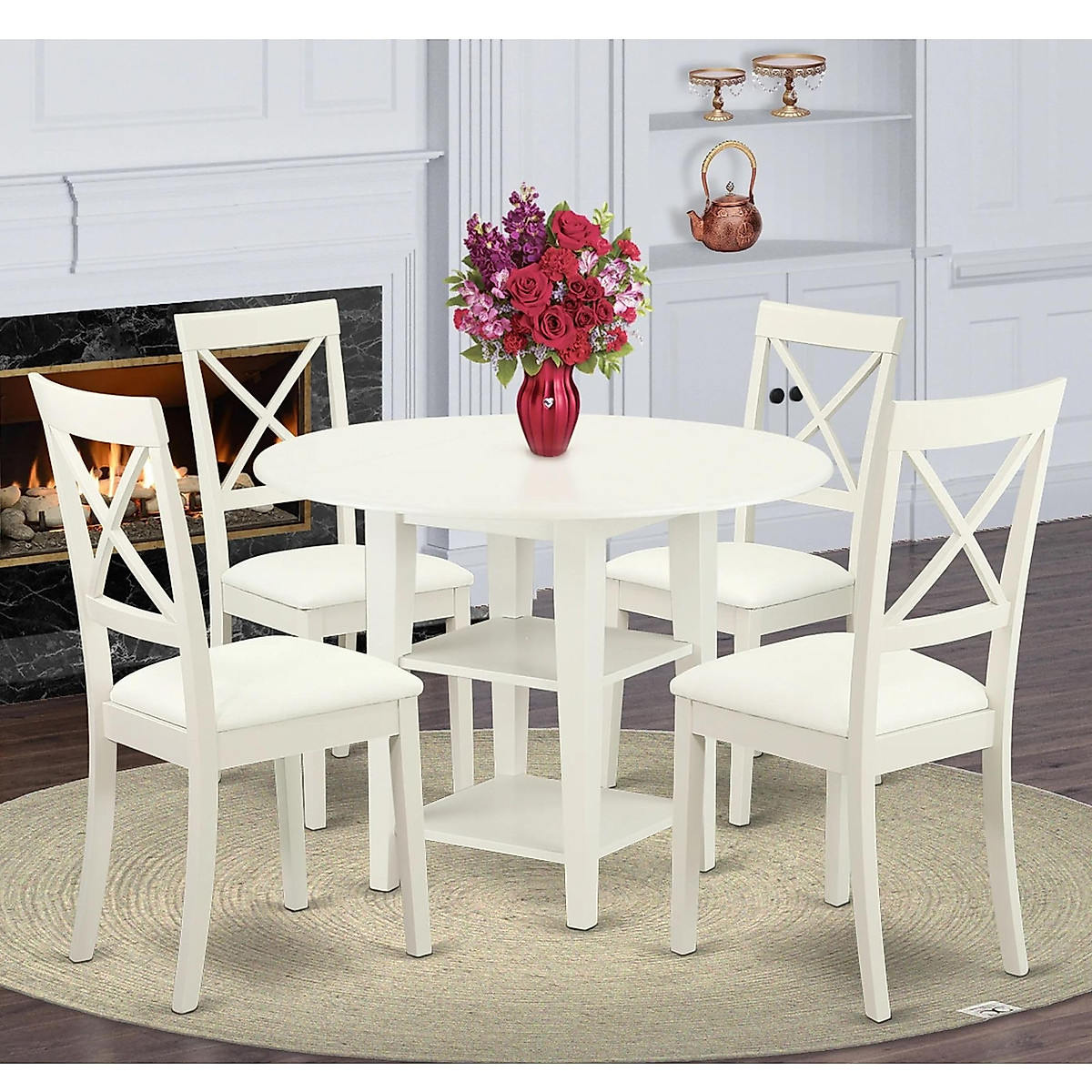 East West Furniture SUBO5-LWH-LC 5 Piece Dining Set Includes a Round Dining Table with Dropleaf & Shelves and 4 Faux Leather Kitchen Room Chairs, 42x42 Inch, Linen White