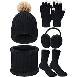 Eurzom 5 Pcs Women Warm Hat and Gloves Scarf Set Knitted Beanie Ski Outing Pompom Hat Winter Ear Warmer Ski Earmuffs Stocking (Black)
