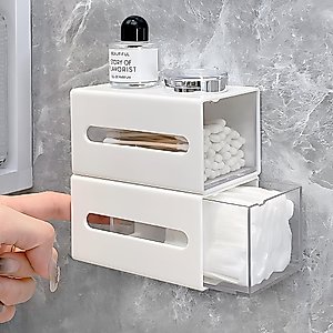XING ZHONG Wall Mounted Qtip Holder Dispenser,Bathroom Organizers and Storage for Cotton Ball,Cotton Swab,Cotton Round Pads,Floss Picks,Hair Tie,Multi-Functional Double Sided Drawer,No Drilling(2PCS)