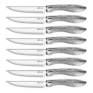 HISSF Steak knives Set of 8,Serrated Stainless Steel Sharp Blade Flatware Steak Knife Set,Unique Hammered Pattern Hollowed Handle,4.5 In,Dishwasher Safe