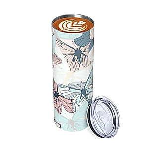 AFHYZY 20 oz Tumbler Reusable Coffee Travel Mug with Lids and Straws, Insulated Coffee Cups Leak Proof 20oz Stainless Steel Water Bottles Skinny for Women, Men, Work, Sports - Butterfly