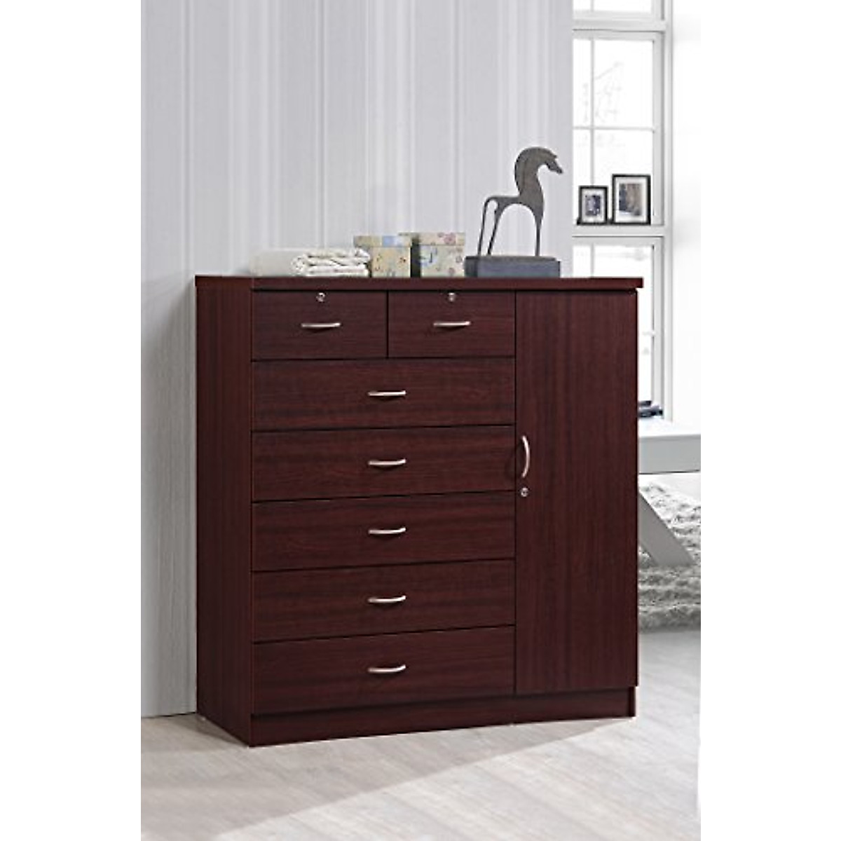 Hodedah 7 Drawer Jumbo Chest, Five Large & Two Smaller Drawers with Two Lock, Hanging Rod, and Three Shelves | Mahogany, 17.76" D X 47.24" W X 48.39" H