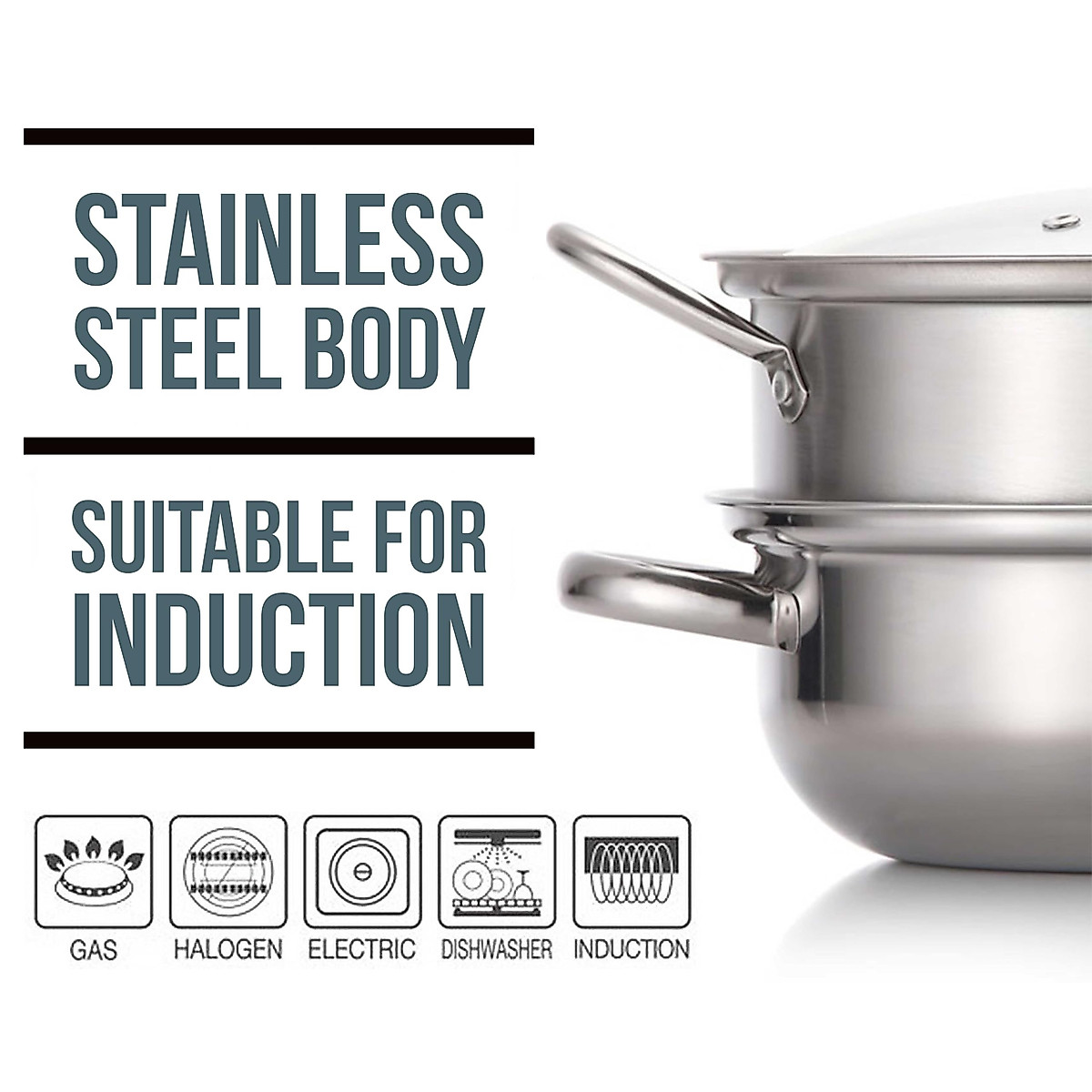 Jovely Dio Bacco 10.6"(27cm) Stainless Steel Steamer Pot Set for Cooking with 14"(35cm) Reusable Natural Pure Round Cotton Steamer Liner, 2 Quart Steamer Insert and Glass Vented Lid - 3 Piece Pack