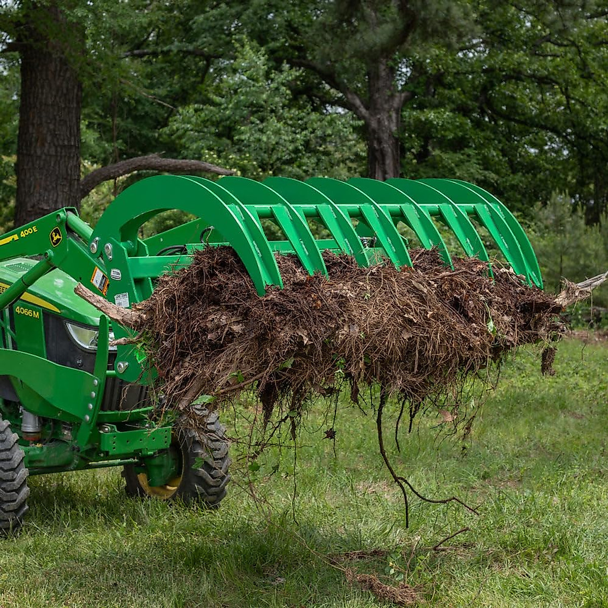Titan Attachments 84" HD Root Grapple Rake Attachment Fits John Deere Hook and Pin Connection, Recommended for Series 4 Tractors, Twin 3,000 PSI Cylinders, Carry Rocks, Logs, Brush, Debris