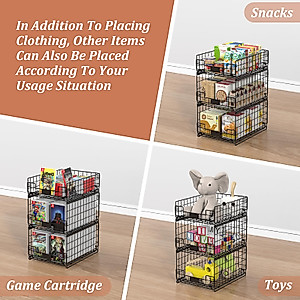 3 Pack Sliding Closet Organizers and Storage, Stackable Closet Storage Shelves, Pull Out Clothes Storage Organizer Baskets/Containers/Drawers with Dividers for Wardrobe (Black-Sturdy Wire Metal Frame)