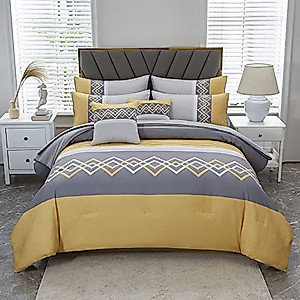 ENUULLAO Patchwork Stripe Comforter Set King Size, 6 Pieces Bed in A Bag,Grey and Yellow Patchwork Striped Comforter and Sheet Set,All Season Bedding Set(Grey/Yellow,King)