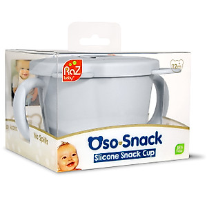RAZBABY Oso-Snack 100% Silicone Snack Cup, 6M+, Spill-Proof Food Container w/Weighted Bottom, Easy to Hold for Baby & Toddler, Removable Lid, Easy to Clean, BPA-Free, Dishwasher Safe – Grey