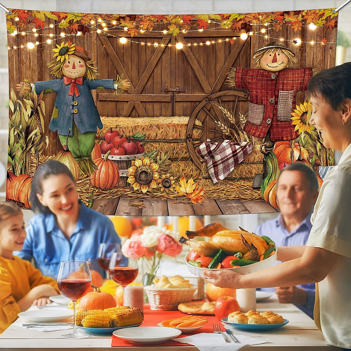 WovWeave Fall Thanksgiving Banner Autumn Party Background Decorations Fall Pumpkin Maple Backdrop for Thanksgiving Harvest Birthday Baby Shower Photo Booth Props Supplies Party, 72.8 x 43.3 Inch