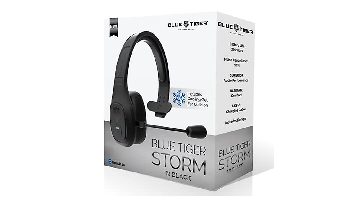 Blue Tiger Storm Wireless Bluetooth Headset - Crisp Sound & Long Battery