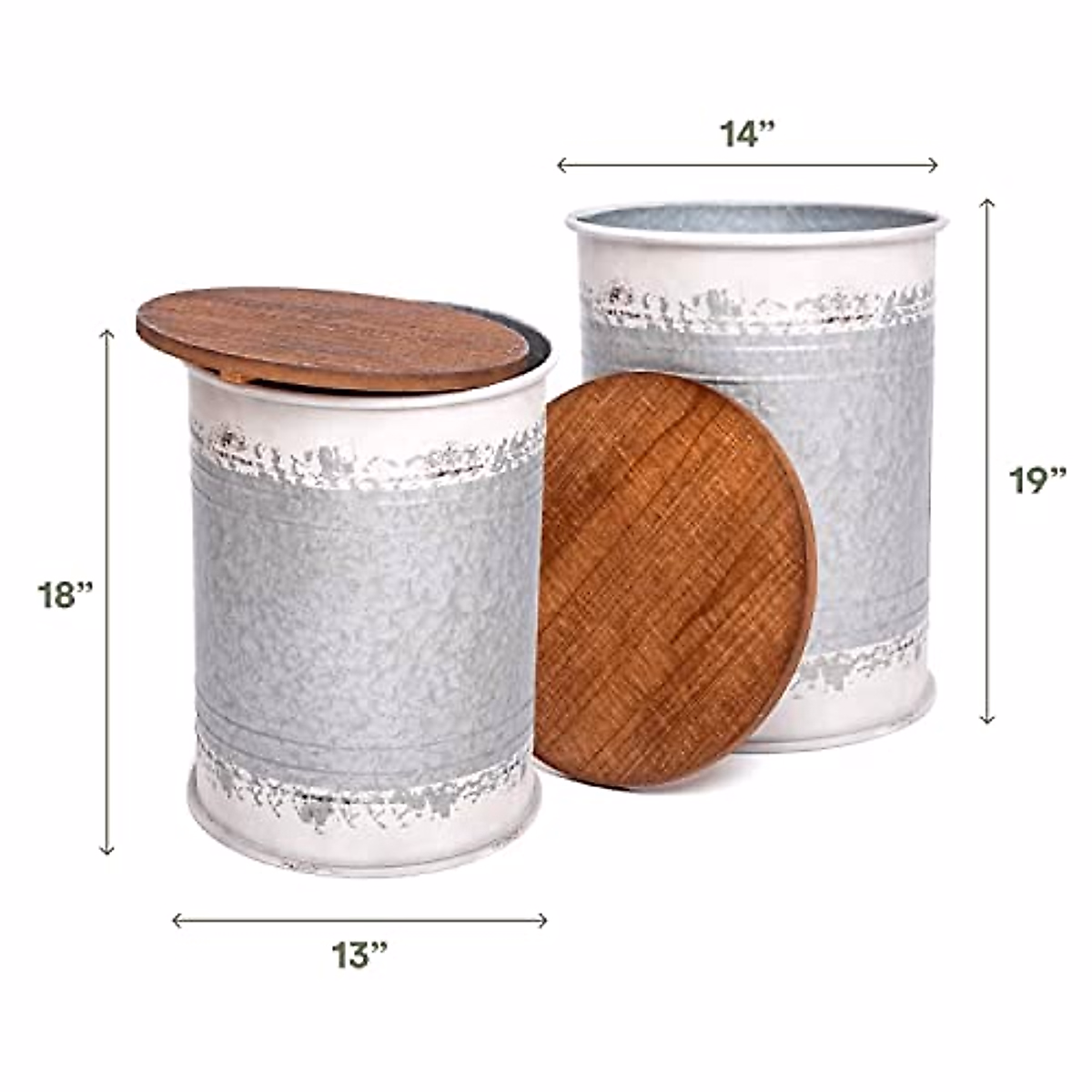 Hallops Farmhouse Accent Side Table | Galvanized Rustic Coffee Table | Metal Storage Ottoman Wood Cover with Stand| Farmhouse Decor Storage Bench (Set of 2, Distressed White)