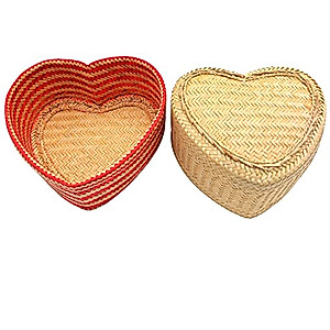 Bamboo Sticky Rice Serving Basket 6.2 x 5.2 Inch, Kratip, Intricately Woven Container, Heart-Shaped, Elephant Weave Pattern, Blue, Thailand Handmade, Dyed with Natural Based (American Flag)