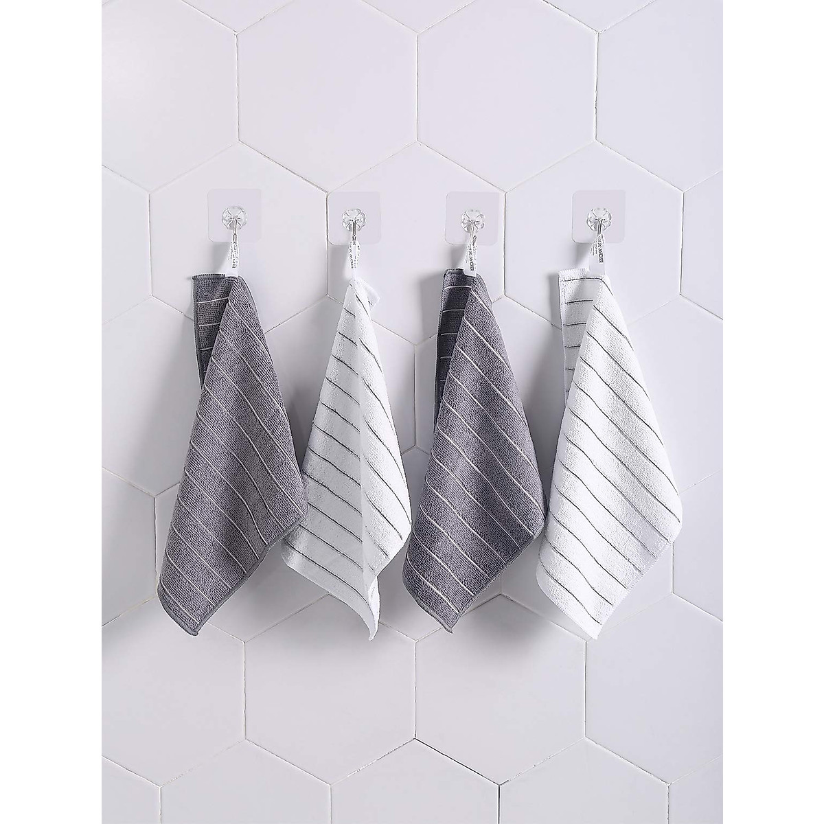 HYER KITCHEN Microfiber Dish Towels, Stripe Designed, Super Soft and Absorbent Dishcloth, Pack of 8, 12 x 12 Inch, Gray and White