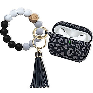Grey Leopard Airpods Pro Case Silicone, Beaded Wristlet Apple Airpod Pro Cover for Girl Women, Case Soft Skin for AirPod Pro Wireless Charging Case with Bracelet Keychain (Gray Leopard/Cheetah)