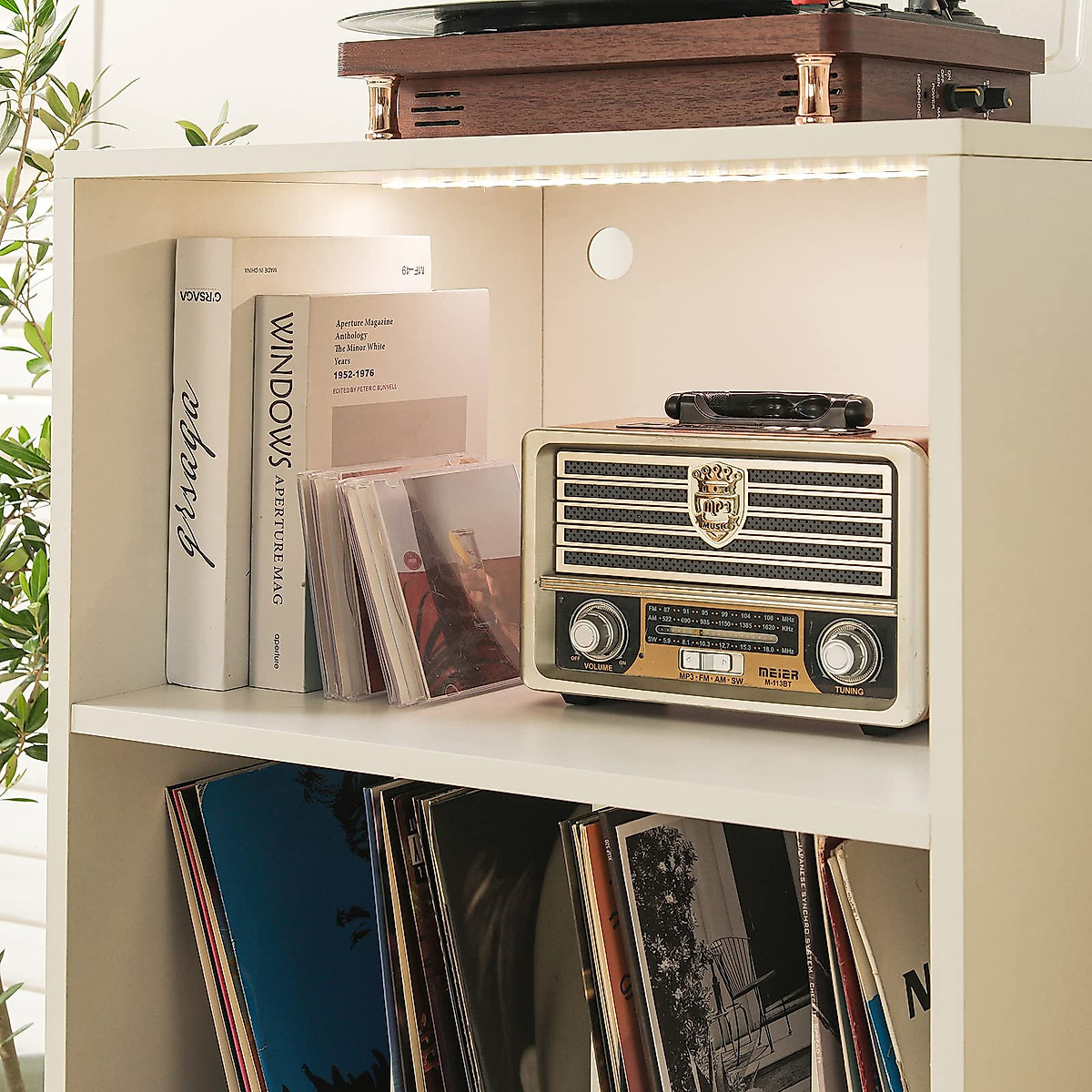 HOMMPA Record Player Stand with LED Lights White Record Storage Stand Vinyl Record Storage Cabinet with Metal Hairpin Legs Turntable Stand Table Holds Up to 150 Albums for Living Room Bedroom White