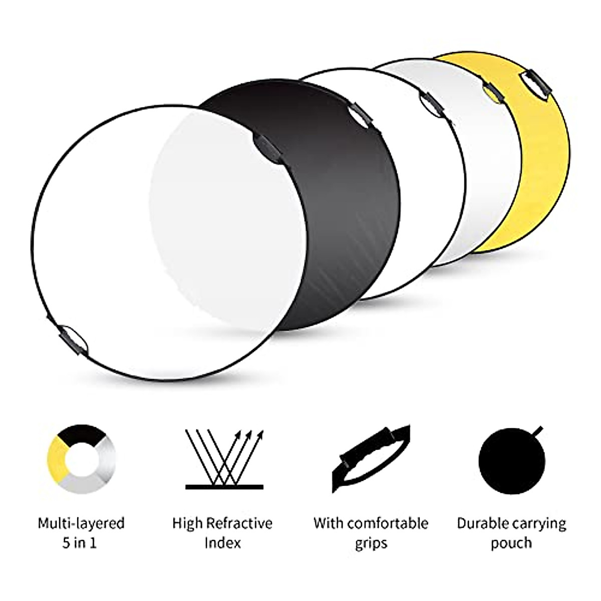 Selens 43 Inch (110cm) Photography Reflector, Collapsible Light Reflector with Carrying Case, 5 in 1 Reflector for Photography Photo Studio Lighting -Translucent, Silver, Gold, White and Black