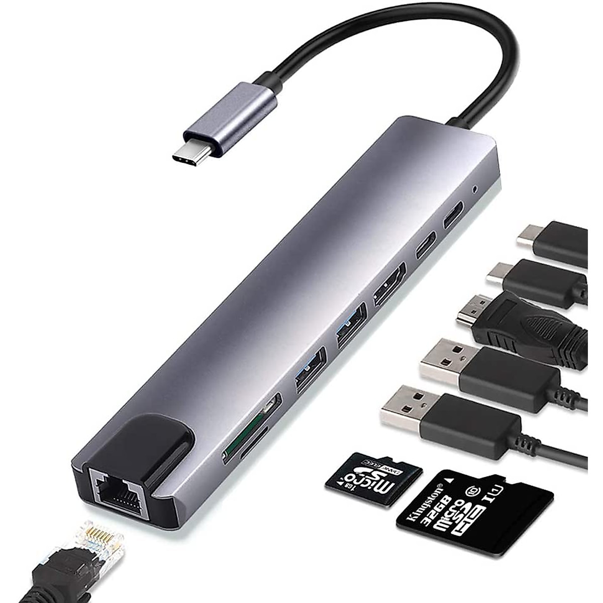 USB C Hub Multiport Adapter, 8-in-1 USB-C Hub with 4K HDMI, RJ45 Ethernet, 87W PD, SD/TF Card Reader, USB-C Data Port Docking Station Compatible with MacBook Pro/Air/iPad Pro/XPS