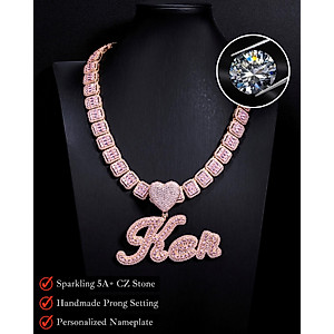 Iced Out Custom Name Necklace with Cuban Link Chain for Man Women, Hip Hop 14k Real Gold Plated Personalized Initial Letter Pendant Necklaces, Handmade Customized Nameplate Jewelry Gifts for Women Men (Heart Rose Gold/Pink)