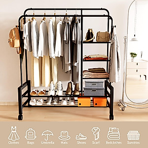S&R PLKOP Double Rods Mobile Clothing Rack Heavy Duty Garment Rack for Hanging Clothes, 4 Side Hooks, Black, Clothes Racks for Hanging Clothes Multifunctional Bedroom Storage