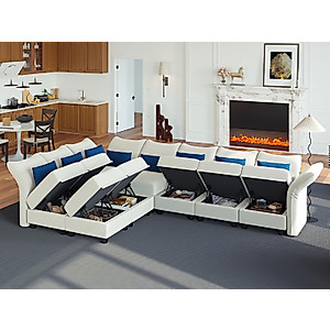LLappuil Oversized Modular Sectional Sofa 153.4" 9-Seater L Shaped Couch with Large Storage Chaise, Velvet High Back Recliner Couches with Big Ottoman for Living Room, White