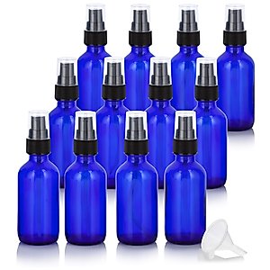 JUVITUS 2 oz Cobalt Blue Glass Boston Round Bottle Black Treatment Pump (12 pack) + Funnel