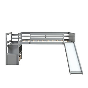 CITYLIGHT Twin Loft Bed with Stairs and Slide,Wood Kids Loft Bed with Storage Drawer and Shelf,Low Junior Loft Bed Frame with Safety Guardrails for Girls, Boys,No Box Spring Needed,Grey