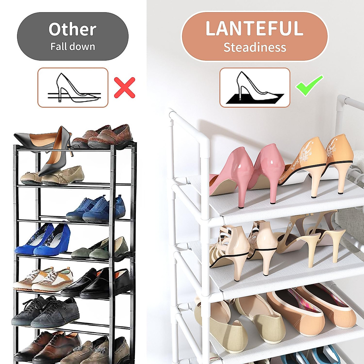 LANTEFUL 10 Tiers Tall Shoe Rack 20-25 Pairs Boots Organizer Storage Sturdy Narrow Shoe Shelf for Entryway, Closets with Hooks, White