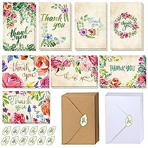 120 Sets Bulk Thank You Cards with Envelopes Stickers Assortment Blank Thank You Note Cards 8 Designs Watercolor Floral Calligraphy Thank You for Wedding Baby Shower Birthday Party Greeting Stationery