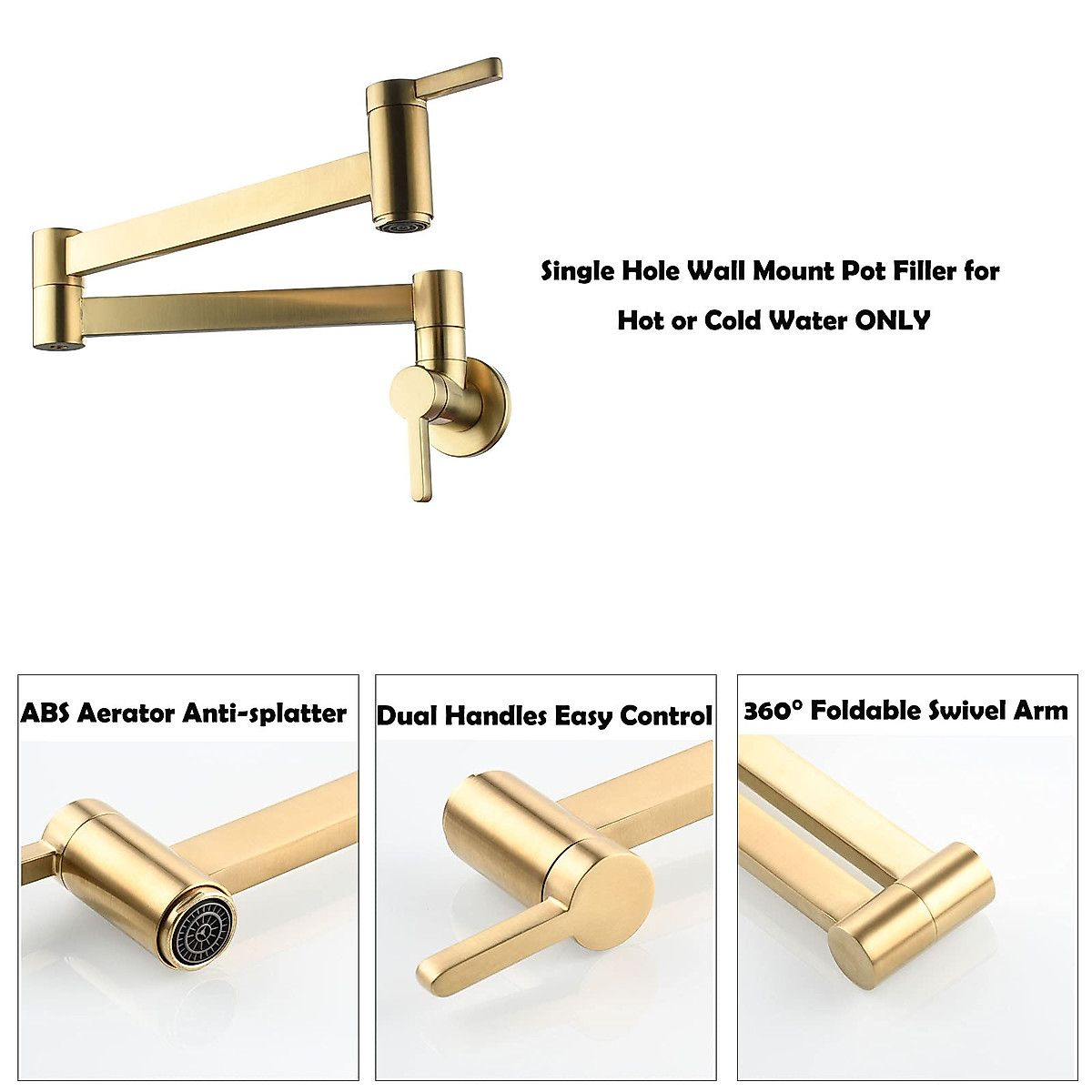 Brushed Gold Pot Filler Faucet Wall Mount, Biveah Brass Folding Kitchen Sink Faucet Single Hole, KLB011BG
