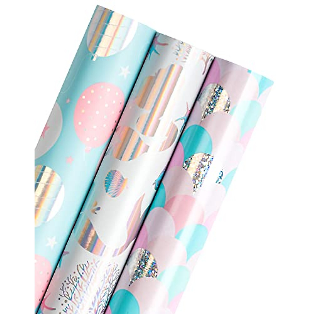 WRAPAHOLIC Wrapping Paper Roll - Mini Roll - 3 Rolls - 17 Inch X 120 Inch Per Roll - Mermaid Scale and Jellyfish Design with Colorful Foil for Birthday, Holiday, Baby Shower