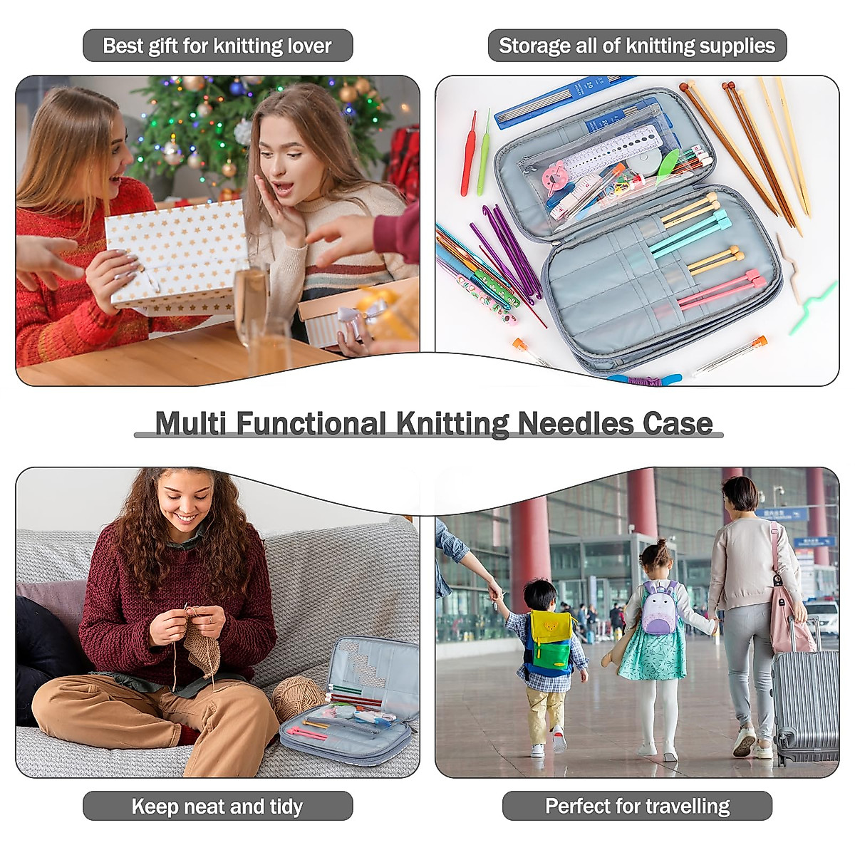 Katech Empty Knitting Needles Case Portable Travel Crochet Hooks Case Zipper Storage Bag Organizer with Transparent Pocket and Holder Slots for Carrying Knitting Needles and Crochet Accessories (Grey)