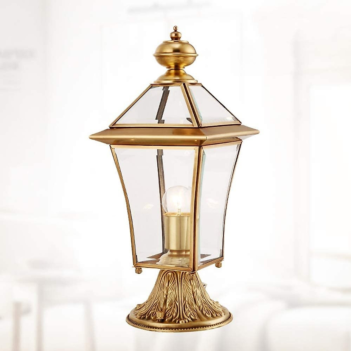 MODEBHD European Copper Brass Column Lamps Victoria Glass Lantern Outdoor Table Lamp Waterproof Pillar Lawn Garden Lamp E27 Decoration Villa Landscape Grass Door Street Post Light Fixture