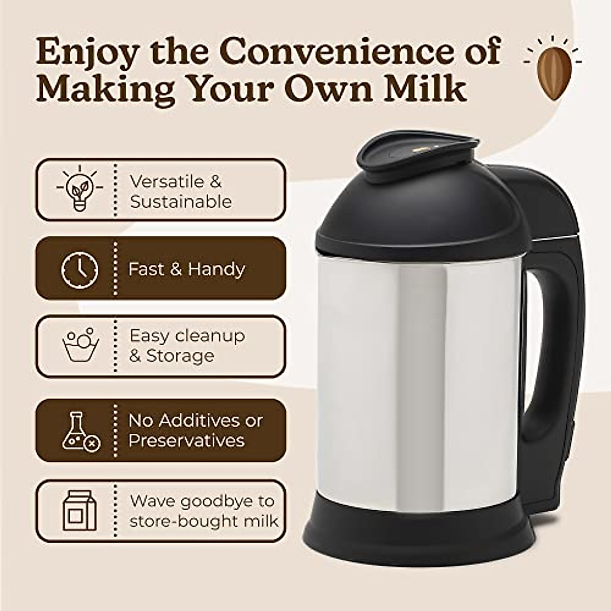 Almond Cow Milk Maker Machine, Plant Based Milk Maker for Homemade Almond Milk, Soy Milk, Oat Milk, Cashew Nut Milk, & More, Handy Stainless Steel Food Making Machines, Makes 5-6 Cups Per Batch, 120V