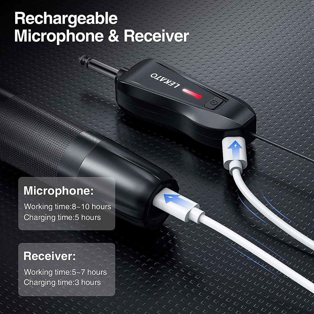 LEKATO Wireless Microphone, UHF Professional Microphones Rechargeable Metal Dual Wireless Microphone Dynamic Microphone System Set with Rechargeable Receiver for Karaoke Singing, Speech, Wedding