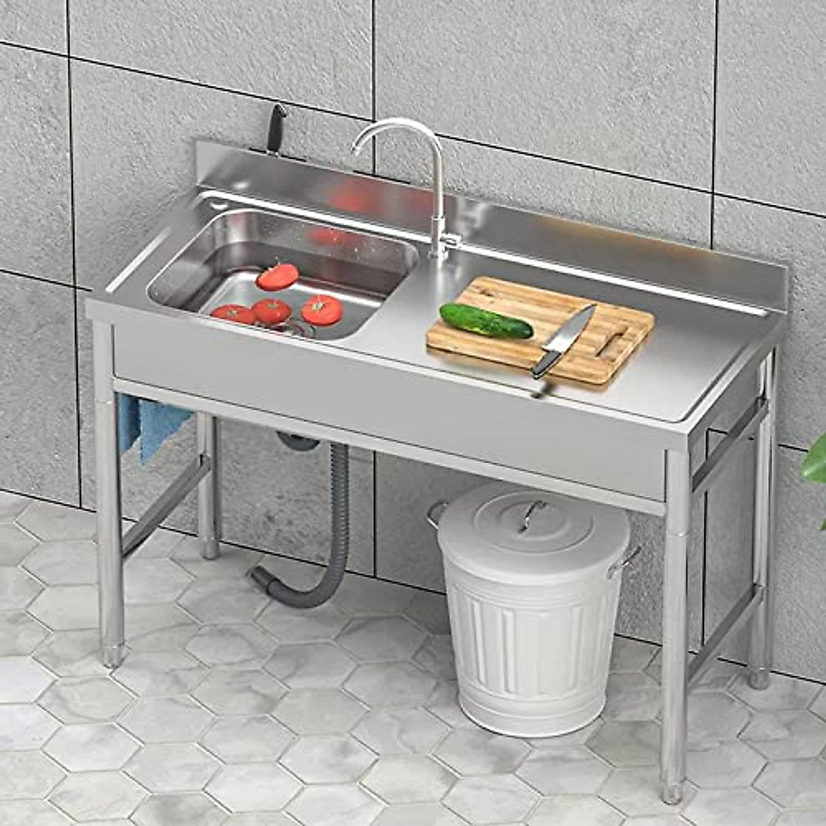 Outdoor garage sink,Stainless Steel utility commercial sink,kitchen sink with faucet,1 Compartment sink,Industrial station laundry & utility room sinks,Pet Wash Station,for Patio Restaurant. (Size :