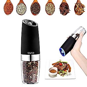 Electric gravity pepper grinder or salt grinder with adjustable thickness, automatic pepper grinder battery, with blue LED light, DLD one-hand operation, brushed stainless steel (1 piece Black)