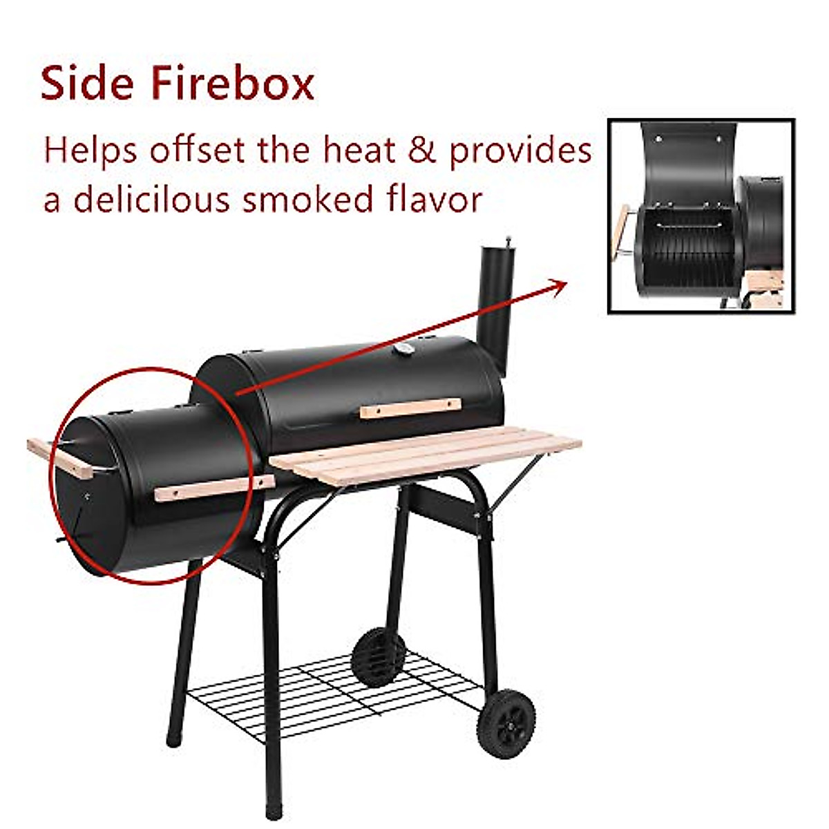 44 Inch Charcoal Grill and Offset Smoker, Portable Backyard Steel BBQ Oven with Wheels, Outdoor Patio Barbecue Cooker with Side Fire Box for Camping, Picnic, Party