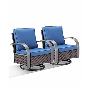 HUMMUH Patio Swivel Glider Outdoor Chair-All Weather Rattan Wicker Patio Swivel Rocking Chairs Porch Chair for Deck Porch Lawn Garden Backyard-Brown/Blue