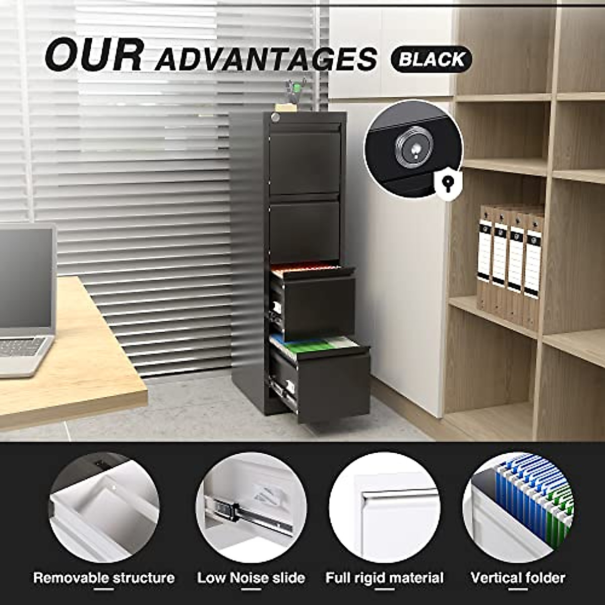 GangMei 4 Drawer Metal Vertical File Cabinet with Lock, Narrow Filing Cabinet with Hanging Letter/Legal/A4 Folders, Locking Steel Cabinet for Home, Office, Assembly Required (Black, 4 Drawers)