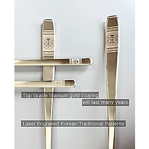 cozymomdeco Korean Made Traditional Pattern Engraved Chopsticks Spoon Set 18-10 Stainless Steel Gold Color 2SET