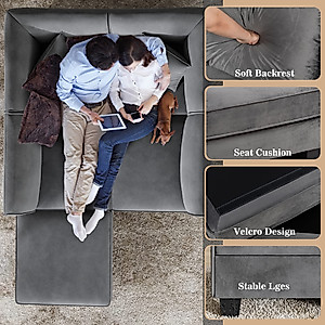 Vongrasig 5 Pieces Sectional Couch Modular Sofa with Reversible Chaise 116" Velvet L-Shaped Couch Sofa 4-seat Modular Large Sectional Couch with Ottoman for Living Room, Upholstered Cushion (Grey)