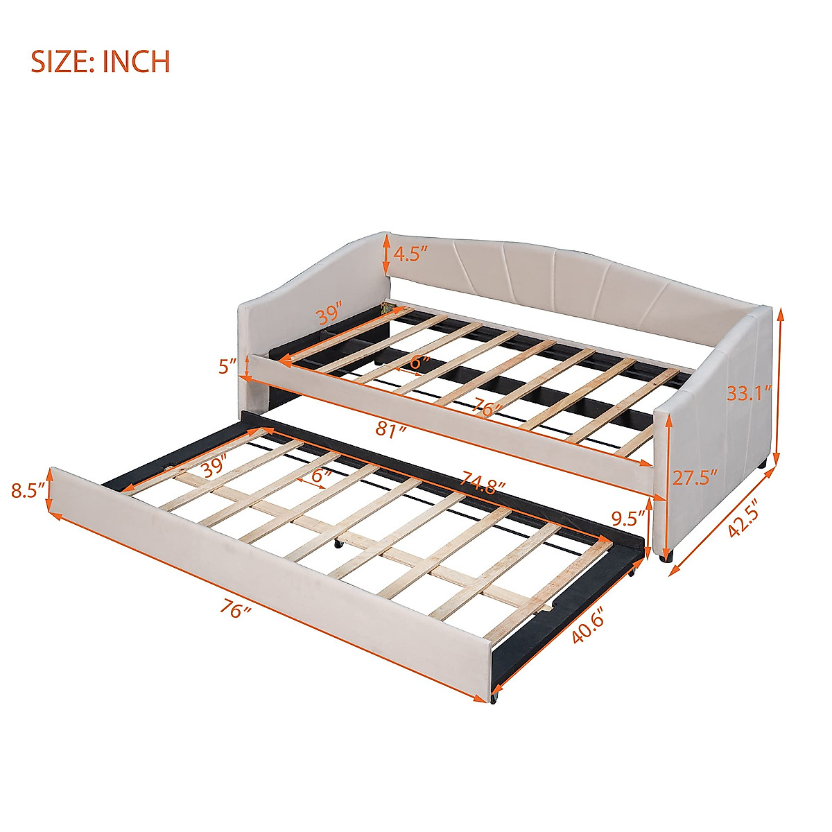 Flieks Twin Size Upholstered Daybed,Solid Wood Sofa Bed Frame Daybed Couch with Trundle Bed and Wood Slat,Beige