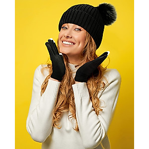 2 Pieces Satin Lined Winter Hats Women Pom Beanies Winter Knitted Pom Hat Touchscreen Gloves Set for Women Girls