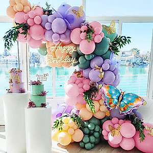 142Pcs Pastel Pink Purple Balloon Arch Kit Butterfly Balloon Garland Rainbow Color Macaron Sage Green Apricot Blush Balloons for Girls Birthday Wedding Bridal Baby Shower Decorations (Multi)