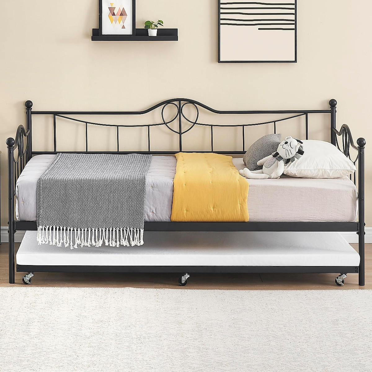 IDEALHOUSE Twin Bed with Trundle, Twin Daybed Metal Guest Sofa Bed Frame for Living Room, Bedroom, Heavy Duty, No Box Spring Needed, Space Saving, Black