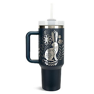 Elanze Designs Woodland Bunny Rabbit Flower Garden 40 oz. Stainless Steel, Large Water Bottle Coffee Mug, Spill & Leak Resistant, Thermal Travel Tumbler with Handle, Lid & Straw, Navy Blue