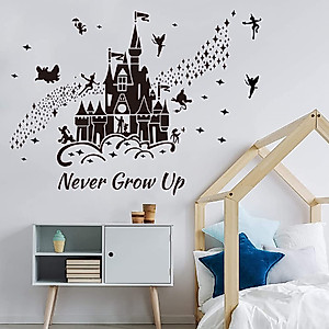 Supzone Castle Wall Stickers Fairy Tale Castle Wall Decal Never Grow Up Quotes Stars Wall Decor DIY Mural Art for Baby Nursery Room Kids Bedroom Playroom-Black