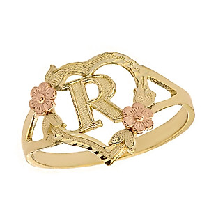 CaliRoseJewelry 14k Two-Tone Initial Alphabet Personalized Heart Ring in Yellow and Rose Gold (Size 8) - Letter R