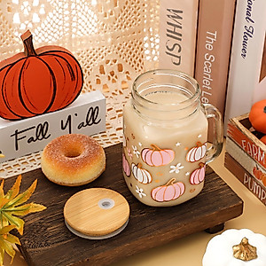 Whaline Fall Mason Jar Mug with Handle 18oz Pumpkin Flower Star Mason Jar Drinking Glasses Pink White Pumpkin Ice Coffee Cups with Lid and Straw for Iced Coffee Tea Soda Cocktail Gifts